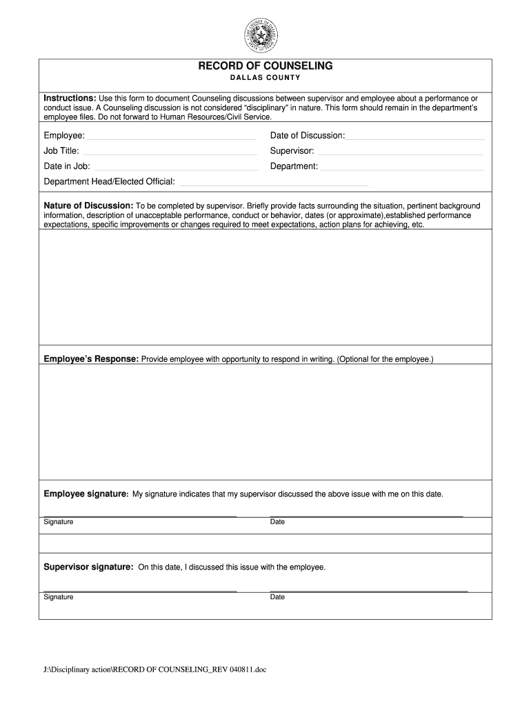Record of Counseling Form - Blank Fillable Template | Fill Out, Print ...