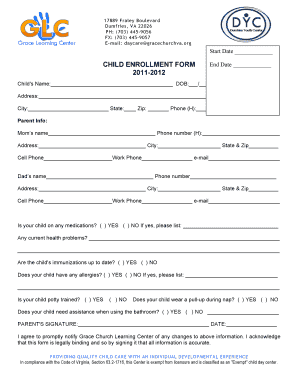 Fillable Online Child Enrollment Form 2011-2012 Fax Email Print - pdfFiller