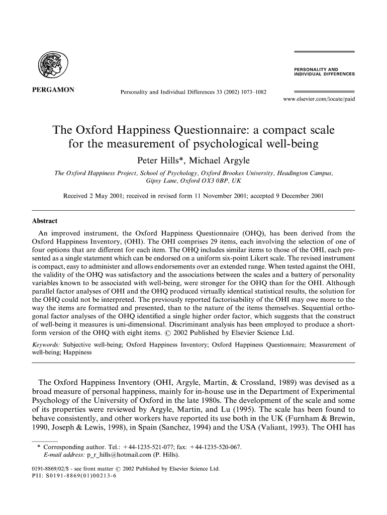 Fillable Online The Oxford Happiness Questionnaire: a compact scale Fax ...