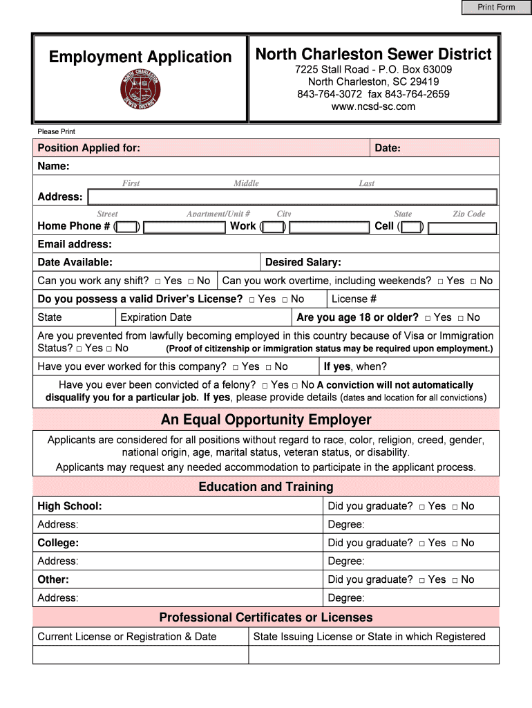 Fillable Online North Charleston Sewer District Employment Application ...