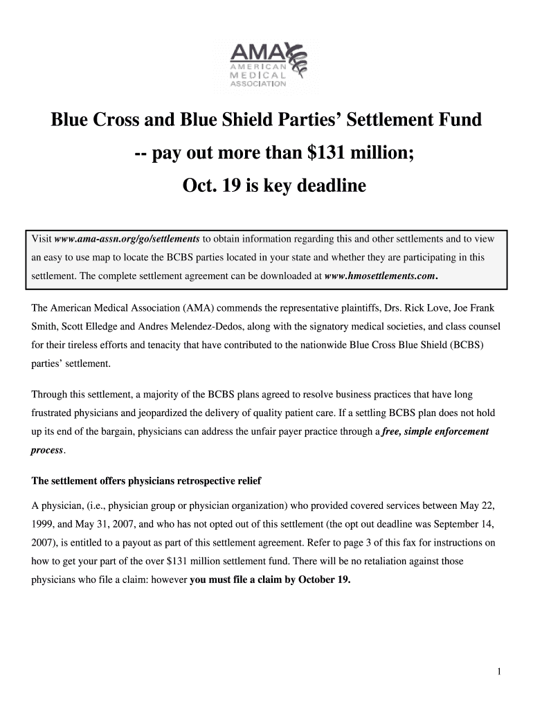 Fillable Online Blue Cross and Blue Shield Parties’ Settlement Fund ...
