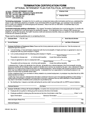 Fillable Online varetire Termination Certification Form - Virginia ...