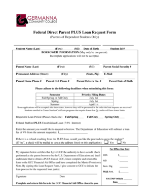 Fillable Online germanna Federal Direct Parent PLUS Loan Request Form - Germanna ... - germanna ...