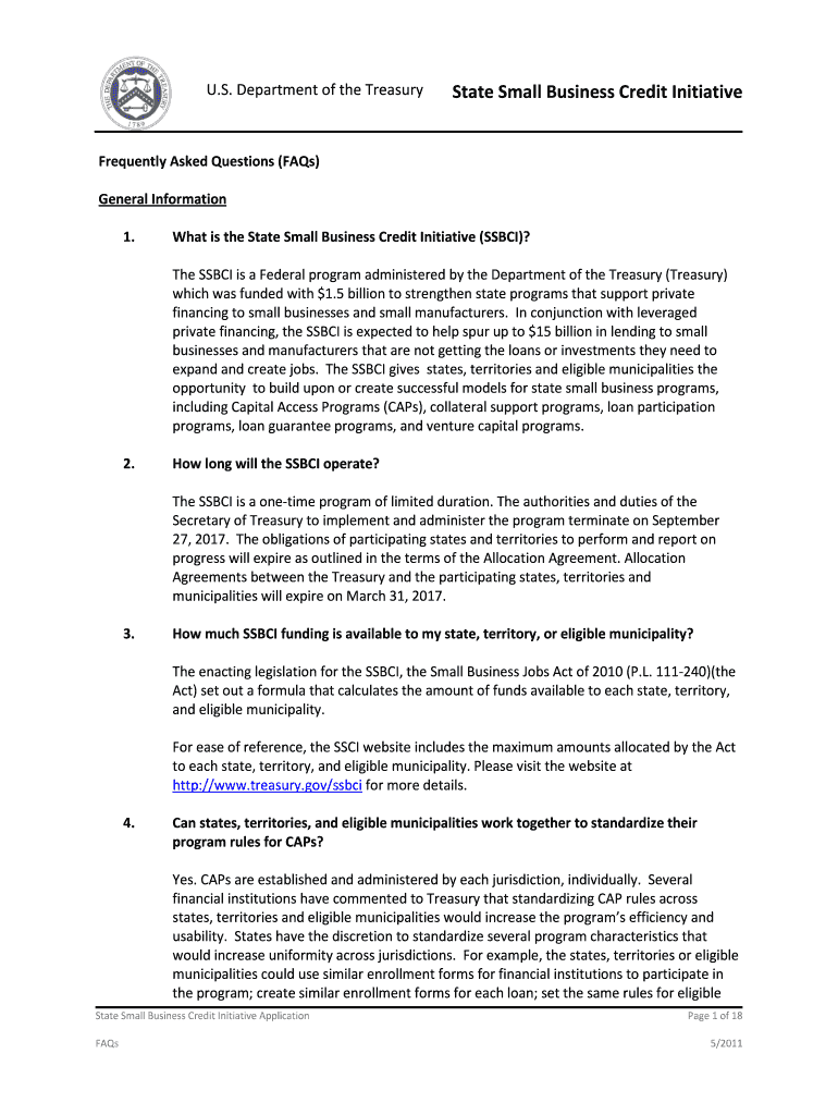 Fillable Online State Small Business Credit Initiative FAQs Fax Email ...