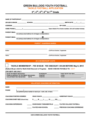Fillable Online GREEN BULLDOG YOUTH FOOTBALL TACKLE FOOTBALL ...