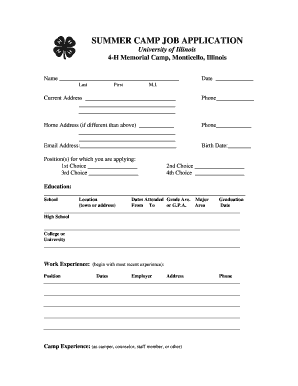 Fillable Online Summer Camp Job Application - University of Illinois 4 ...