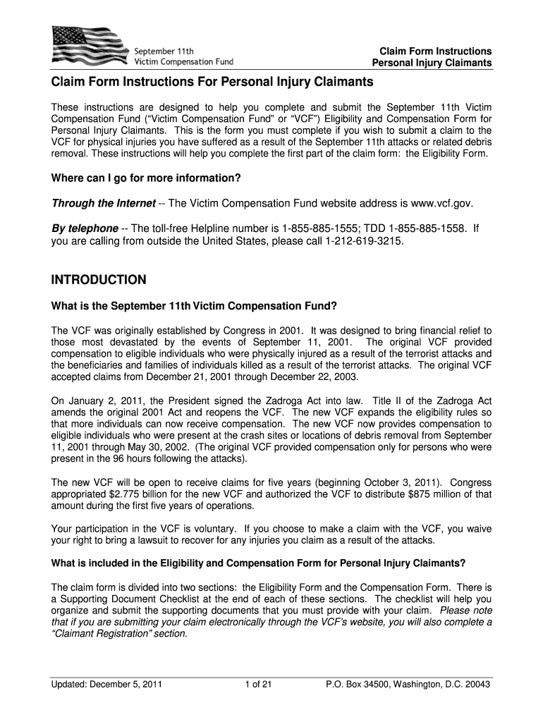 Fillable Online Claim Form Instructions For Personal Injury Claimants ...