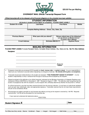 Fillable Online OVERNIGHT MAIL Official Transcript Request Form Fax ...