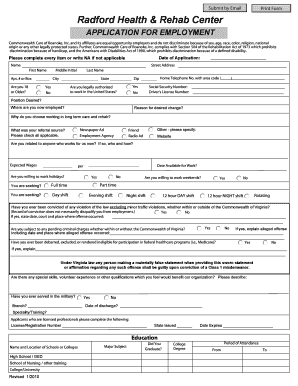 Fillable Online Radford Health & Rehab Center Employment Application Fax Email Print - pdfFiller