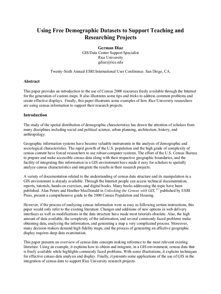 Fillable Online Using Free Demographic Datasets to Support Teaching and ...