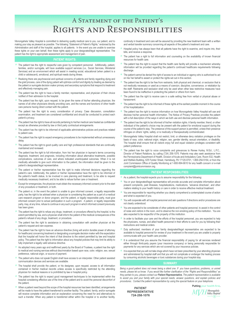 Fillable Online Patient Rights and Responsibilities - Monongahela ...