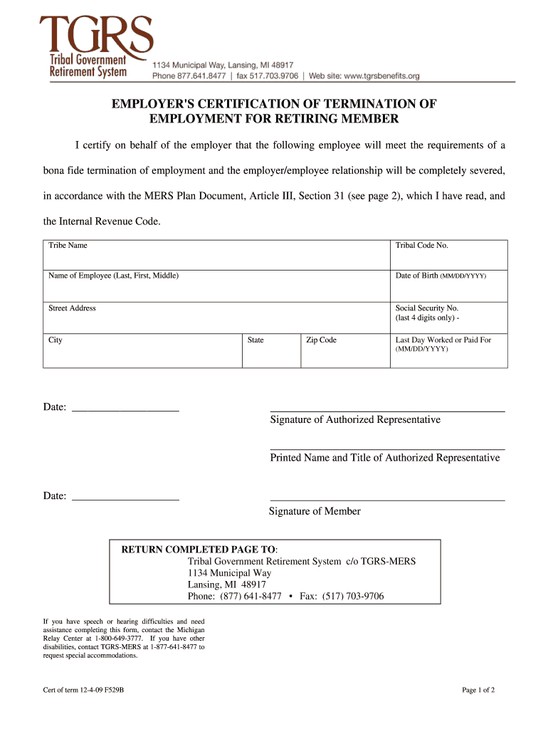 Fillable Online Certification of Termination of Employment Fax Email ...