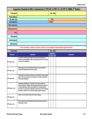 Fillable Online selectagents Usda bsl 2 inspection checklist fillable ...