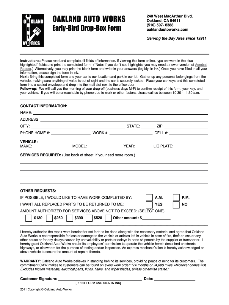 Fillable Online Early-Bird Drop-Box Form Fax Email Print - pdfFiller
