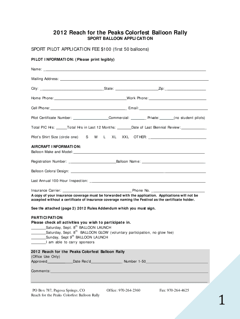 Fillable Online 2012 Reach for the Peaks Colorfest Balloon Rally Pilot Application Fax Email ...