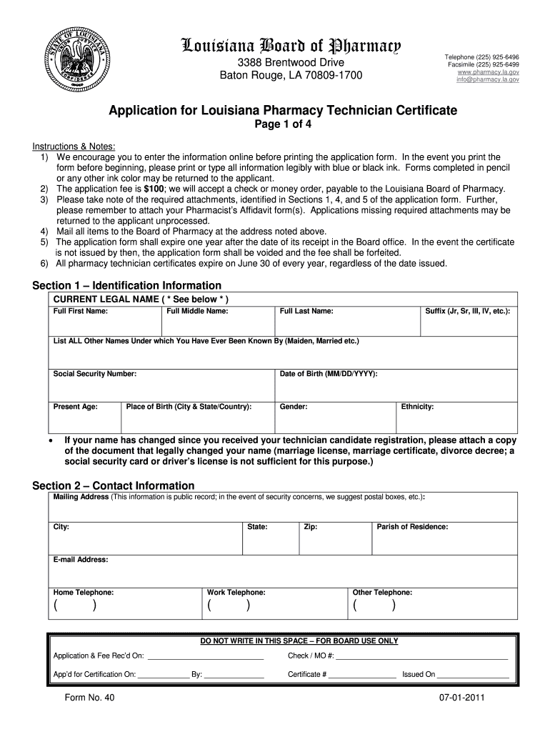Fillable Online pharmacy la Application for Louisiana Pharmacy Technician Certificate - pharmacy ...