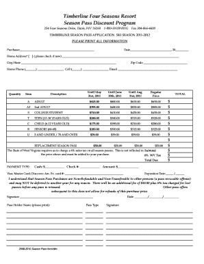 Fillable Online timberline 2012 season pass form Fax Email Print ...