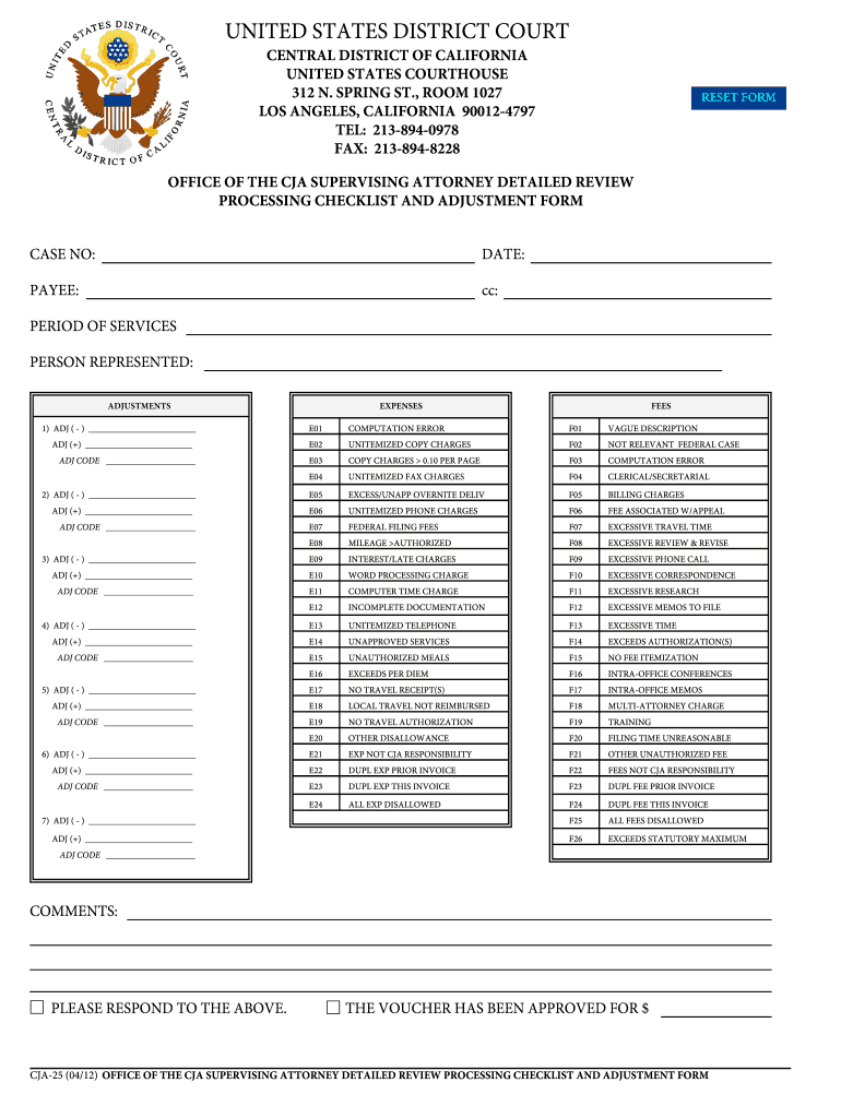 Fillable Online CJA-25 Processing Checklist and Adjustment Form Fax ...