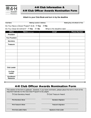 Fillable Online 4-H Club Officer Awards Nomination Form Fax Email Print ...