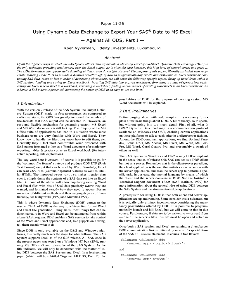 Fillable Online Using Dynamic Data Exchange to Export Your SAS® Data to MS Excel — Against All ...