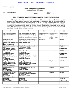 Fillable Online List of Creditors Holding 20 Largest Unsecured Claims ...