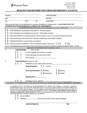 Fillable Online reliance trust distribution form Fax Email Print ...