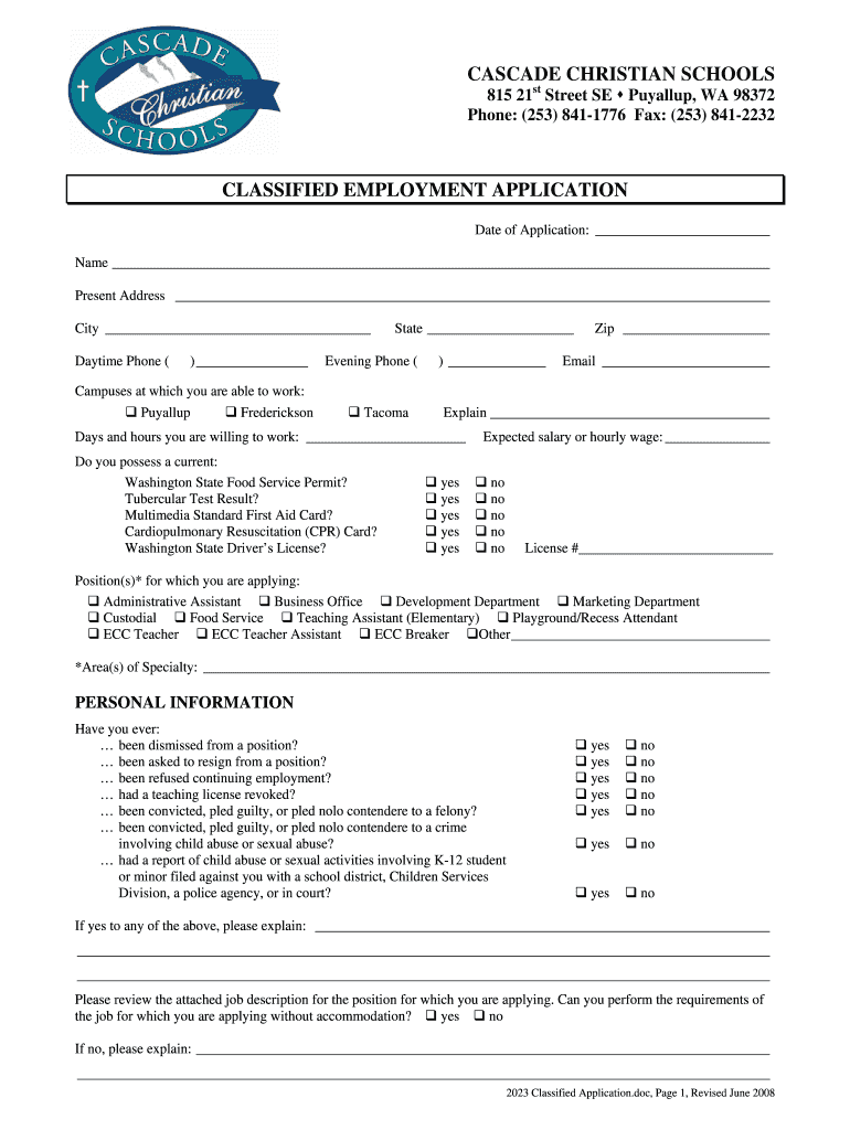 Fillable Online cascadechristian Cascade christian schools classified employment application ...