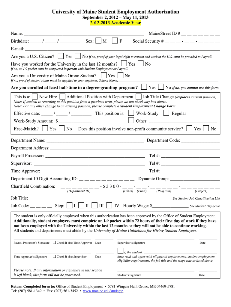 Fillable Online Student Employment Authorization Form Fax Email Print - pdfFiller