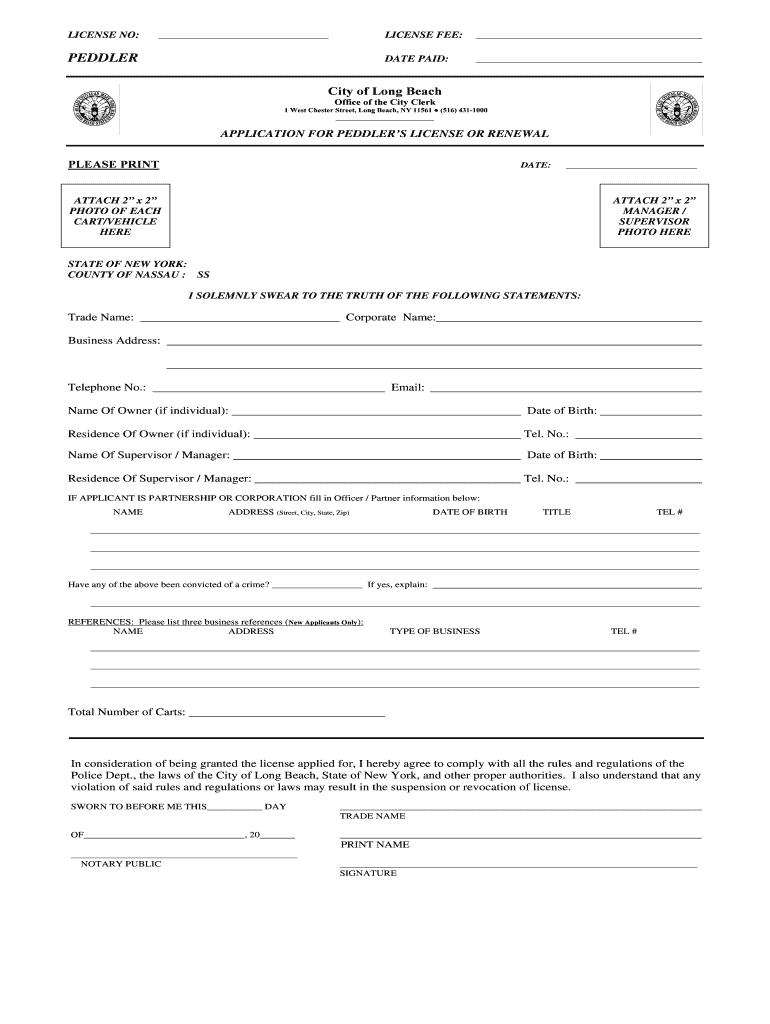 Fillable Online Peddler's License Application or Renewal Fax Email ...