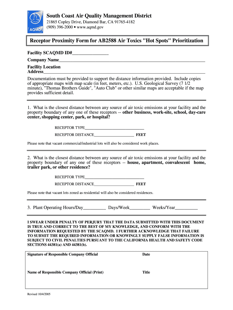Fillable Online aqmd Receptor Proximity Form - South Coast Air Quality Management ... - aqmd Fax ...