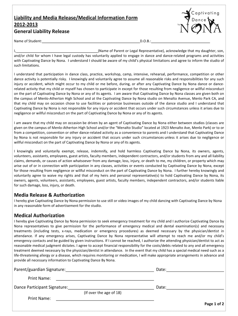 Liability and Media Release Medical Information Form 2012- 2013: Fill ...
