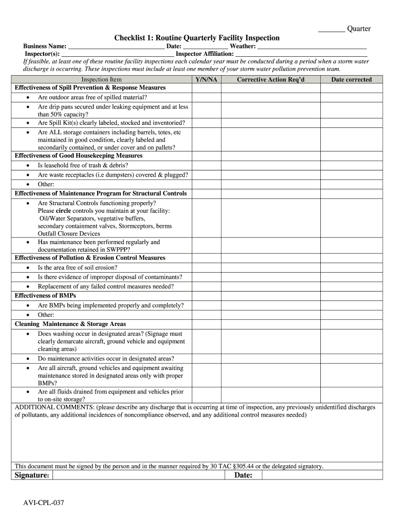 Fillable Online Quarter Checklist 1: Routine Quarterly ... - City of ...