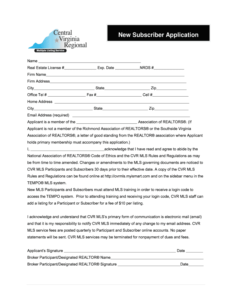 New Subscriber Application - Richmond Association of Realtors: Fill out ...