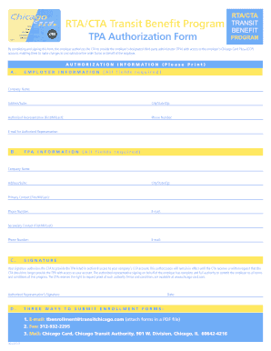 Fillable Online RTA/CTA Transit Benefit Program TPA Authorization Form ...