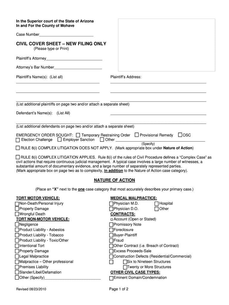 Fillable Online Civil Cover Sheet for New Filing in Mohave County ...