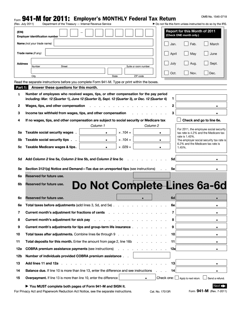 Fillable Online Form 941-M for 2011 Fax Email Print - pdfFiller