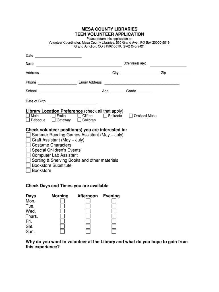 Fillable Online Mesa County Libraries Teen Volunteer Application Fax ...