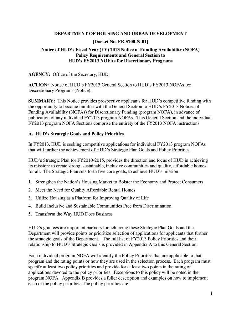 Fillable Online HUD Fiscal Year 2013 NOFA Policy Requirements and General Section Fax Email ...