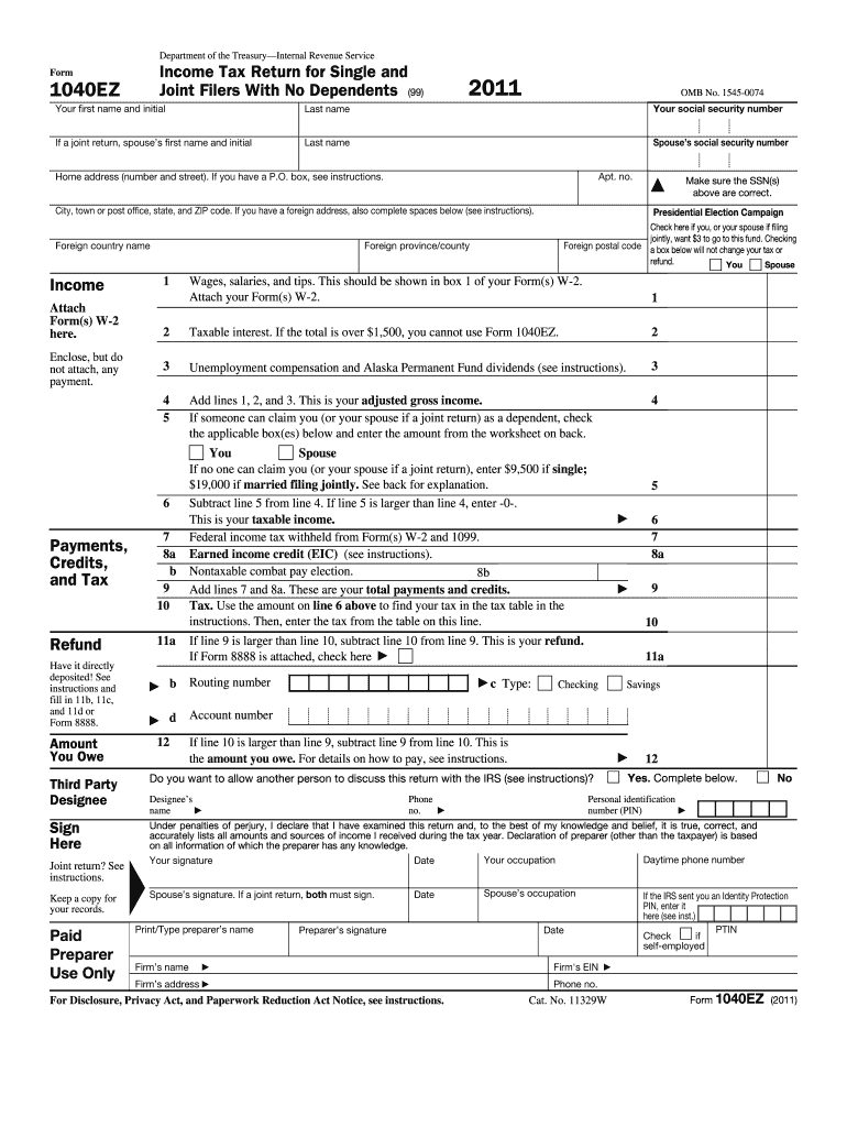 2011 Form IRS 1040 EZ Fill Online Printable Fillable Blank PDFfiller