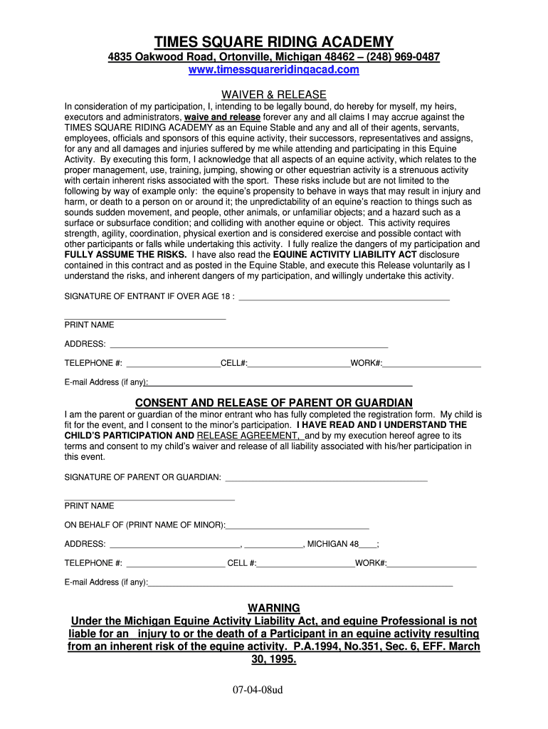 Fillable Online Equine Activity Waiver and Release Fax Email Print ...