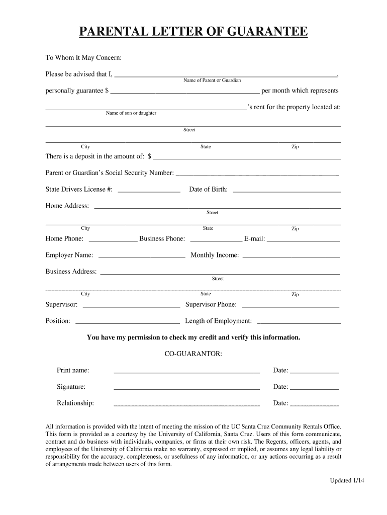 2014 2024 Form CA Parental Letter Guarantee Fill Online Printable 