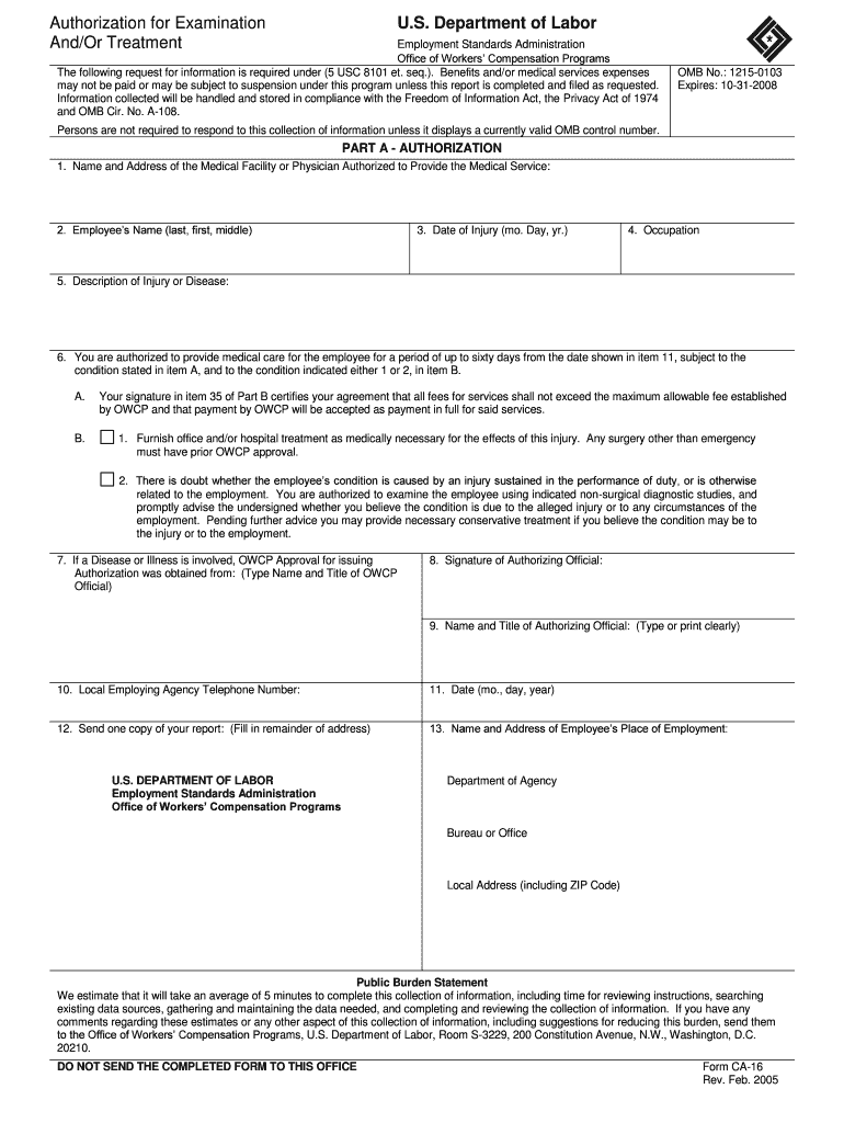Fillable Online apwu Form CA-16 - Authorization for Examination ...
