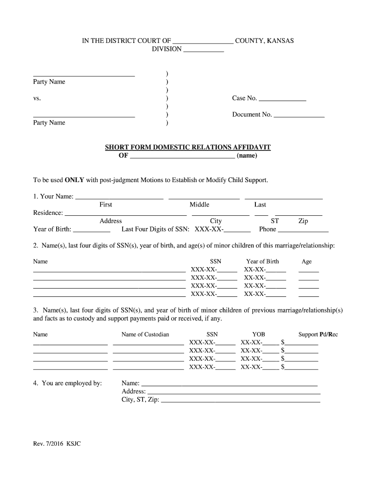 KS Short Form Domestic Relations Affidavit 2016 Complete Legal KS Short Form Domestic Relations Affidavit 2016 Complete Legal