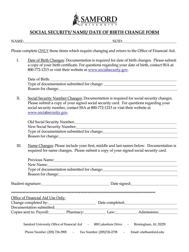 Fillable Online Social Security/Name/Date of Birth Change Form Fax ...
