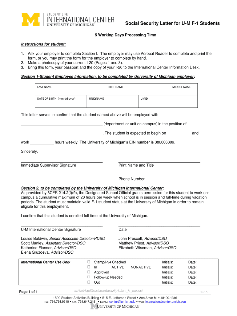 Fillable Online Social Security Letter for U-M F-1 Students Fax Email ...