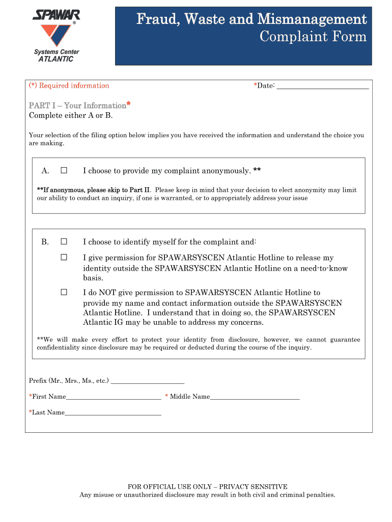 Fillable Online public navy Fraud, Waste and Mismanagement Complaint ...