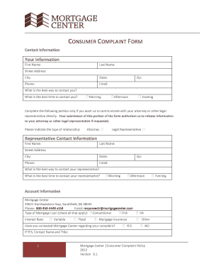 Fillable Online CONSUMER COMPLAINT FORM - Mortgage Center Fax Email ...