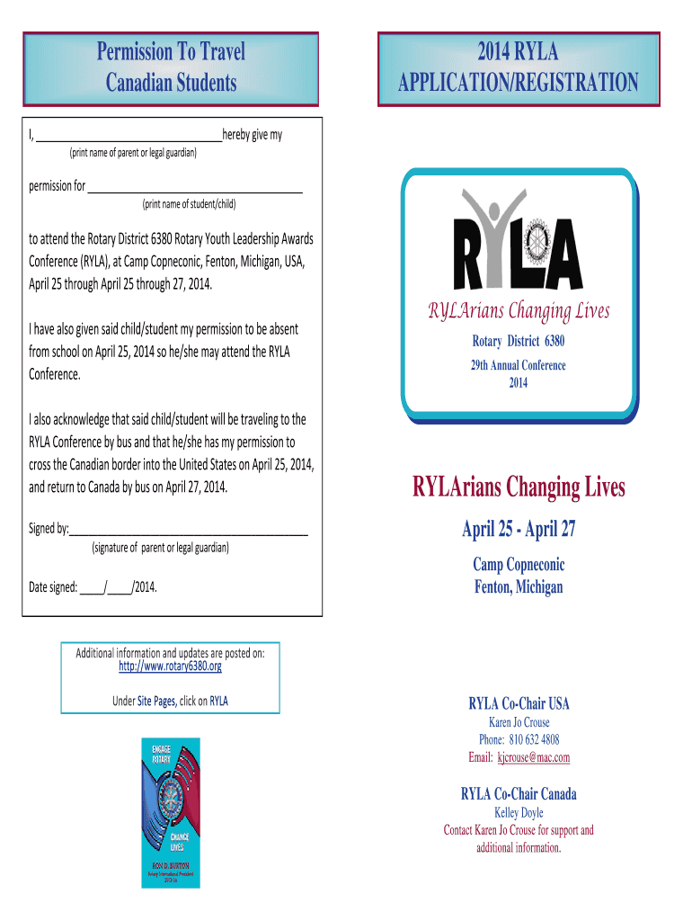 Fillable Online clubrunner 2014 RYLA Permission To Travel Canadian Students Fax Email Print ...