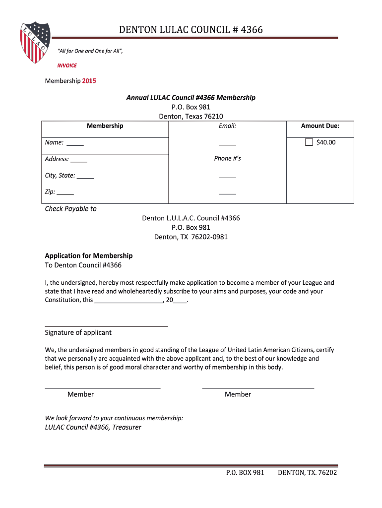Fillable Online Invoice-Membership 2015 - Denton LULAC Fax Email Print ...