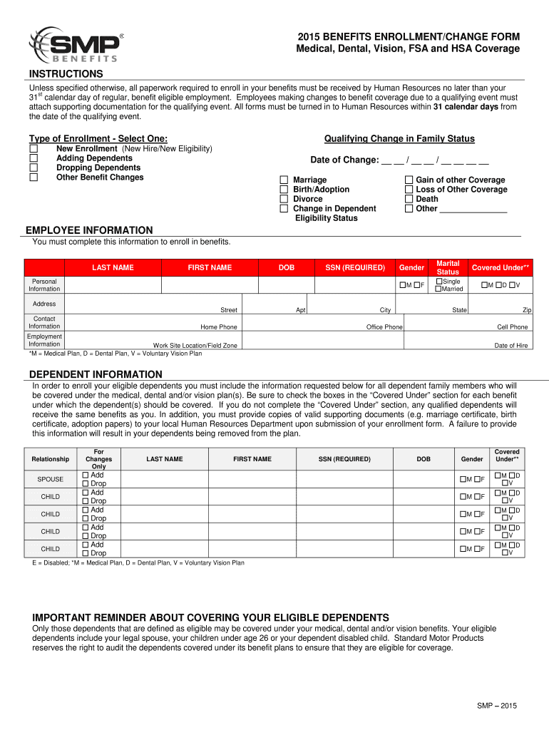 Fillable Online 2015 Medical Enrollment/Change Form - SMPbenefits.com ...